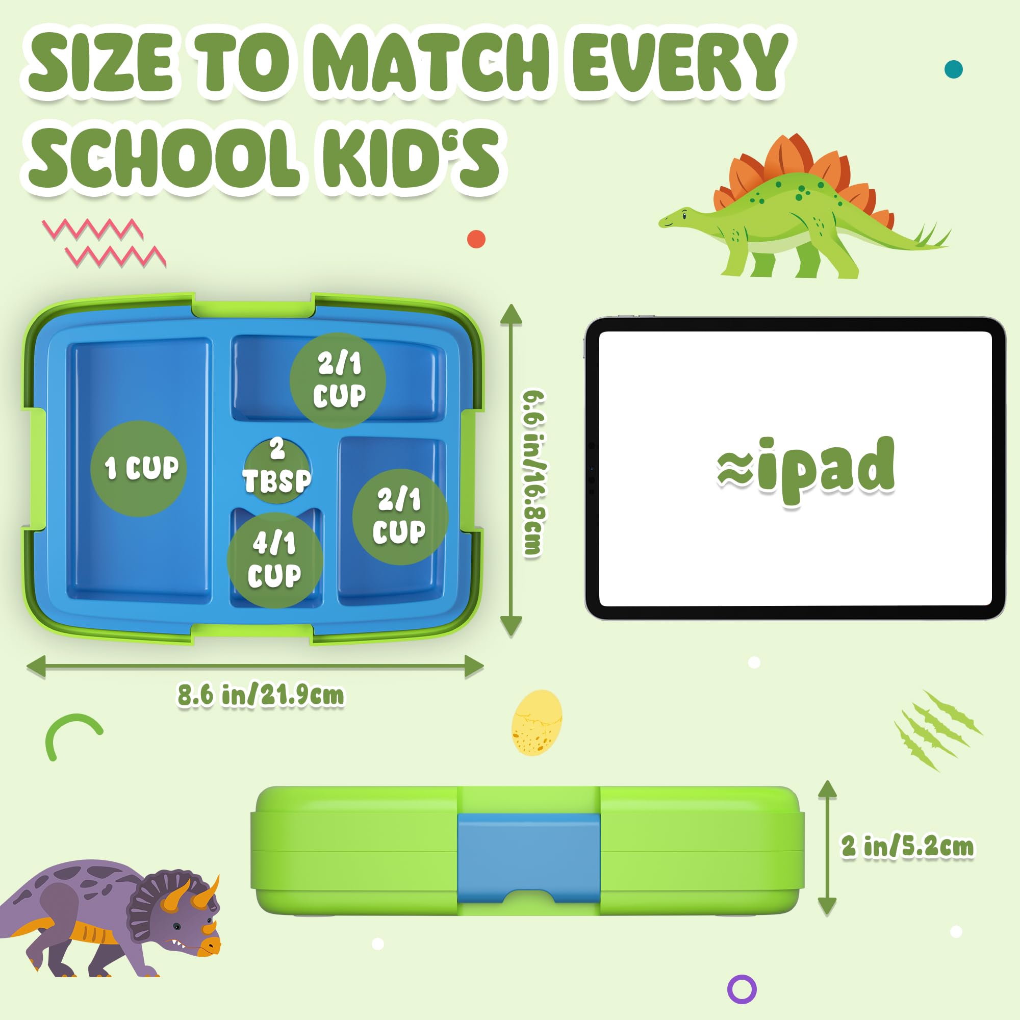 HiYZ Dinosaur Bento Box for Kids, Kids Lunch Box with 5-Compartment, Kids Bento Lunch Box for Ages 3-7, Leak-Proof, Durable, Lunch Box Containers for Kid Back to School Meals, Snack Packing, Travel