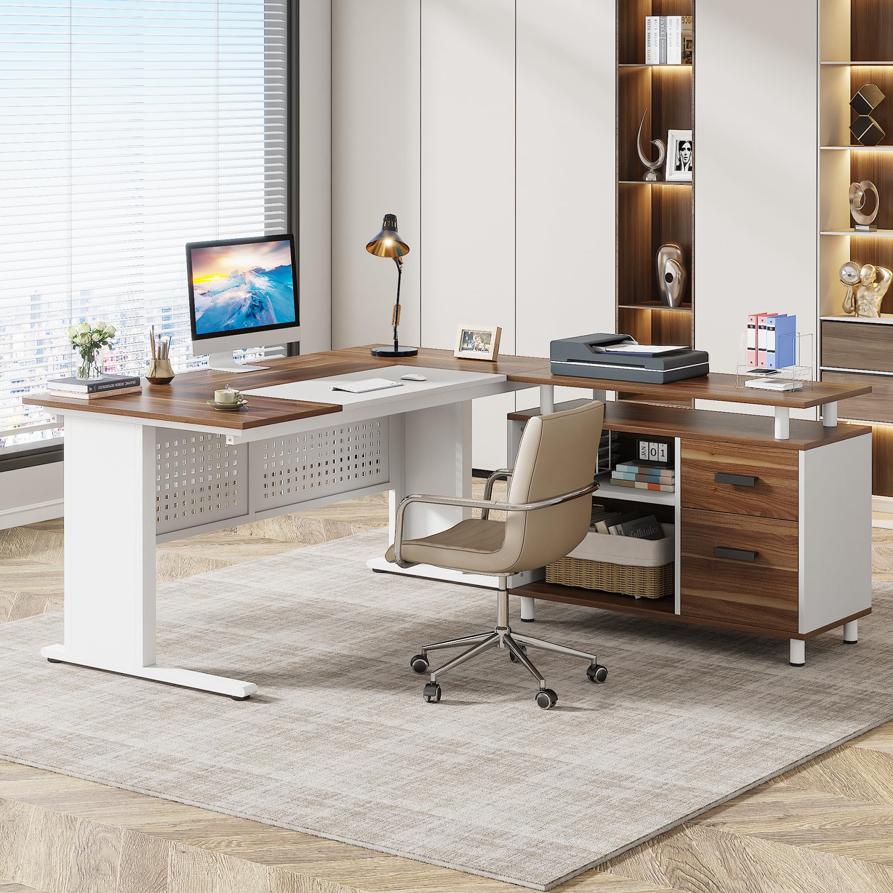 Tribesigns 63 Inch Executive Desk with File Cabinet, Large Office Desk L Shaped Computer Desk with Drawers and Storage Shelves, Business Furniture Desk Workstation for Home Office, White and Walnut