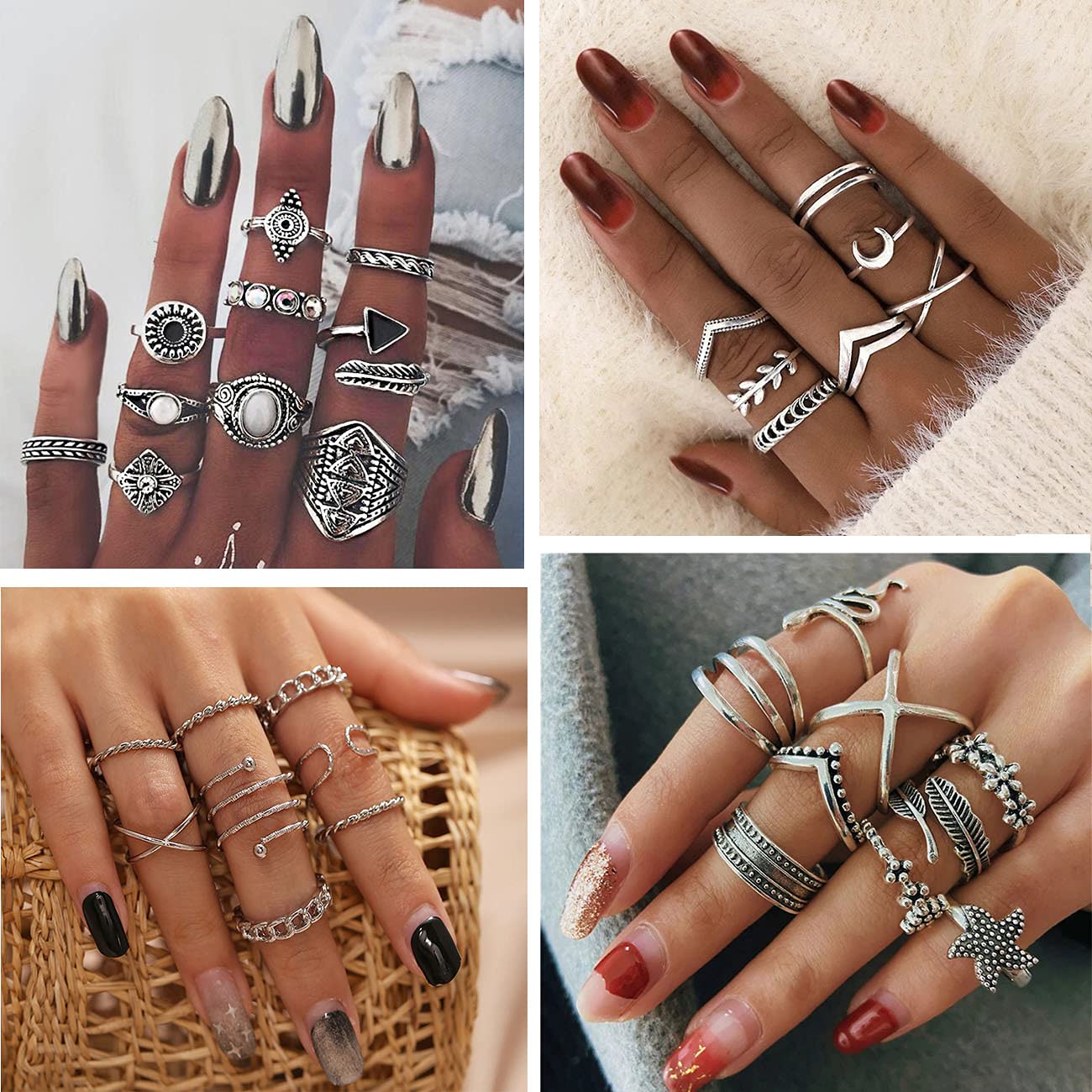 iF YOU 78 PCS Vintage Silver Knuckle Rings Set, Stackable Joint Finger Rings for Women, Bohemian Midi Rings, Boho Butterfly Snake Crystal Stacking Rings Pack