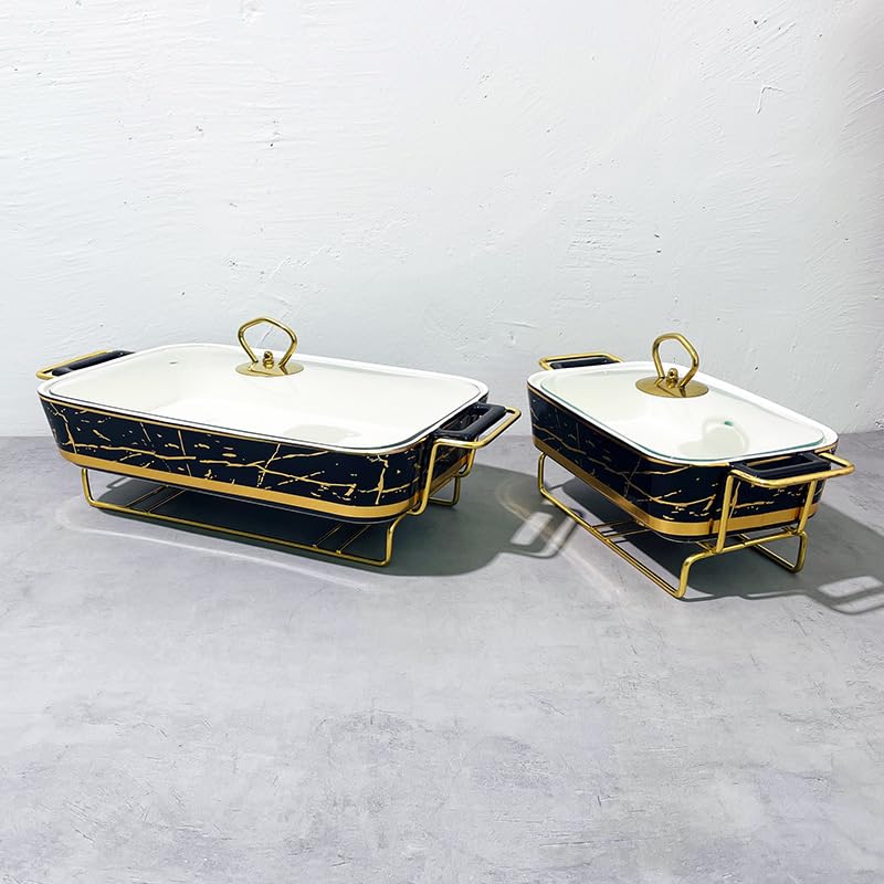 HONHPD Ceramics Chafing Dish Buffet Set, Marble Finish Chafing Dish, Rectangular Chafers for Buffet/Weddings/Parties/Banquets/Catering Events, Black (3 Piece Set)