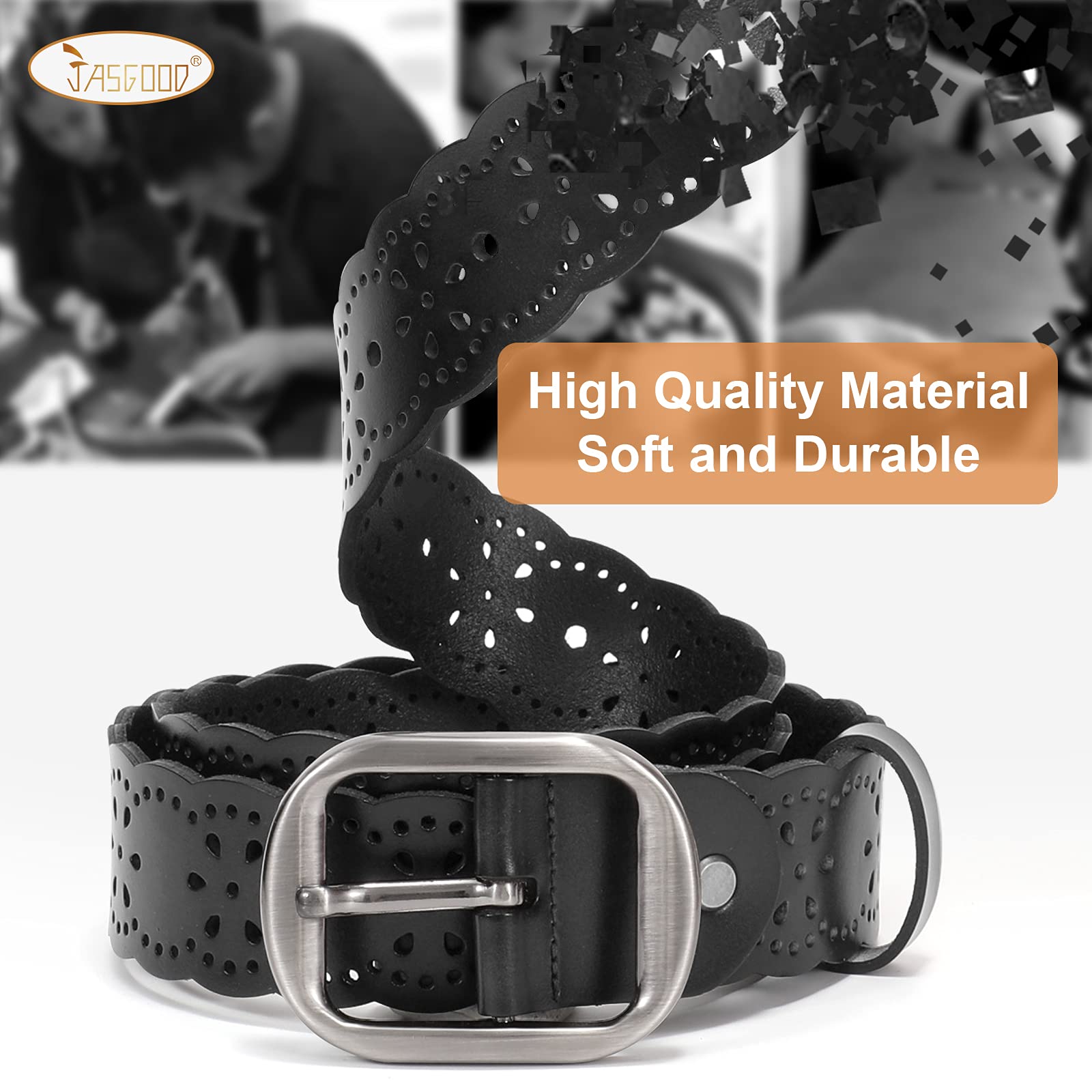 JASGOOD Women's Plus Size Belt, Hollow Flower Leather Belt for Jeans Pants Wide Belt with Metal Buckle