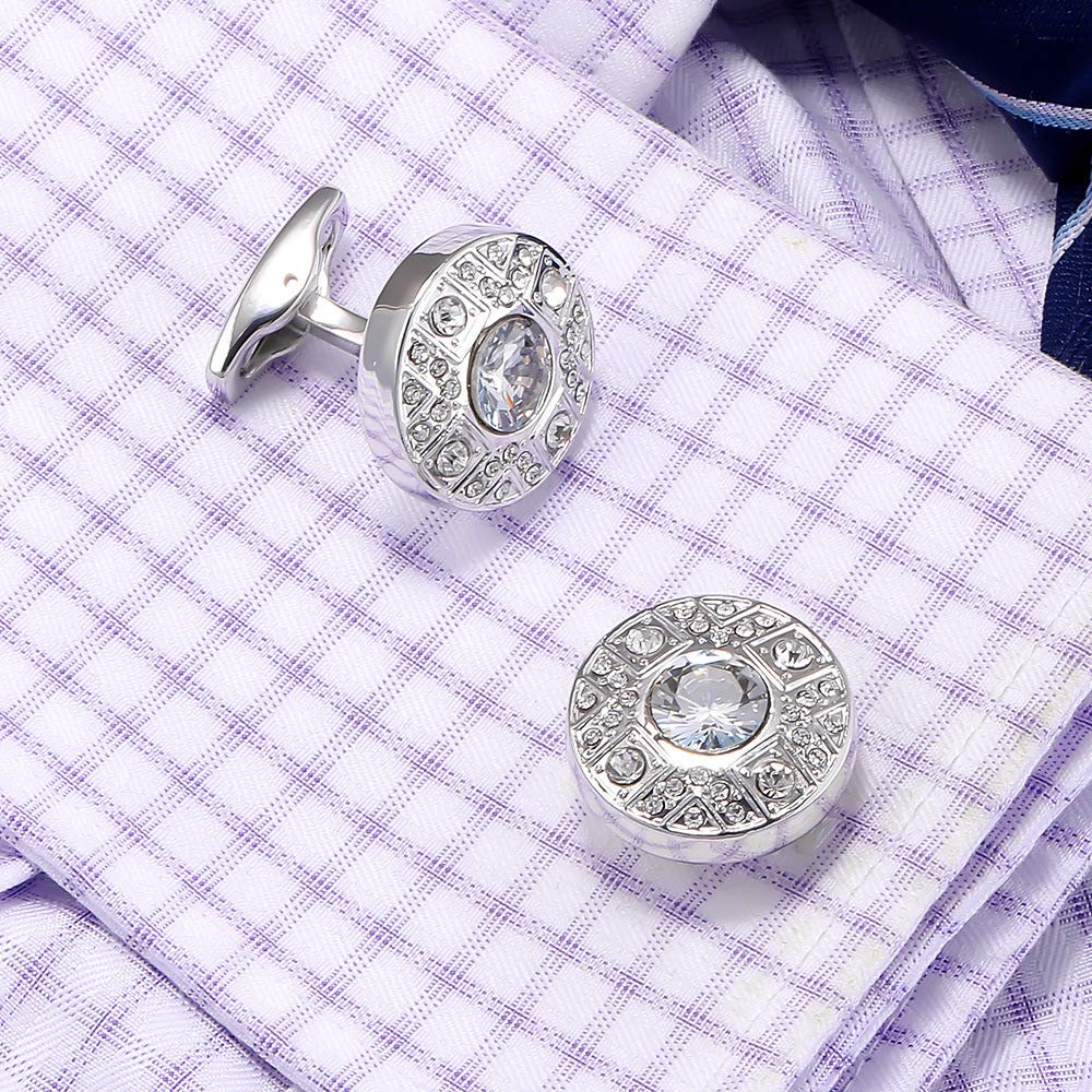 Men's Shirt Cufflinks Metallic Silver Cufflinks Flash Diamond Round French Shirt Sleeve Studs Cufflinks