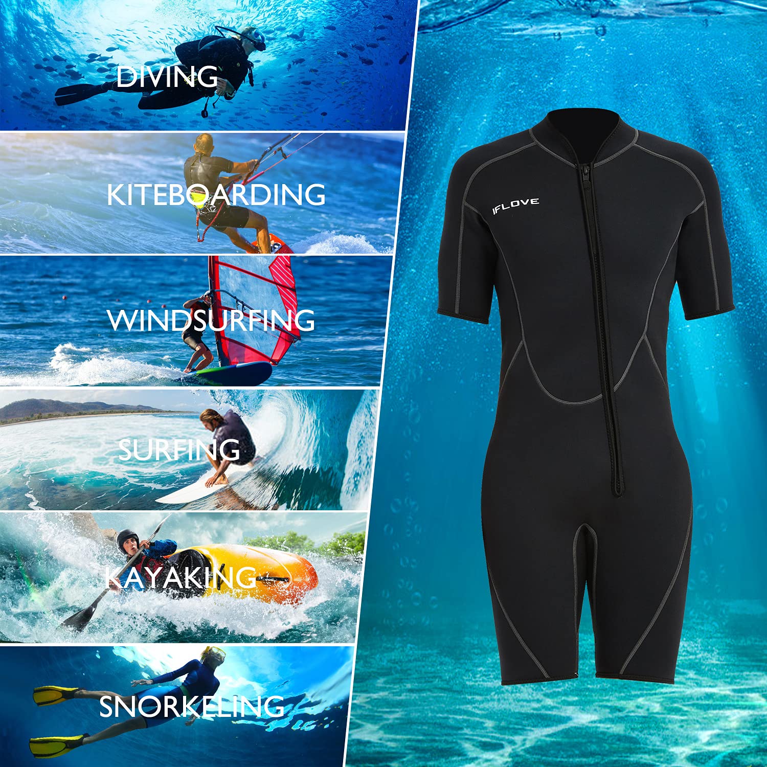 IFLOVE 3mm Shorty Wetsuit for Men Neoprene Diving Suit Front Zip Wetsuit for Diving Snorkeling Surfing, Medium