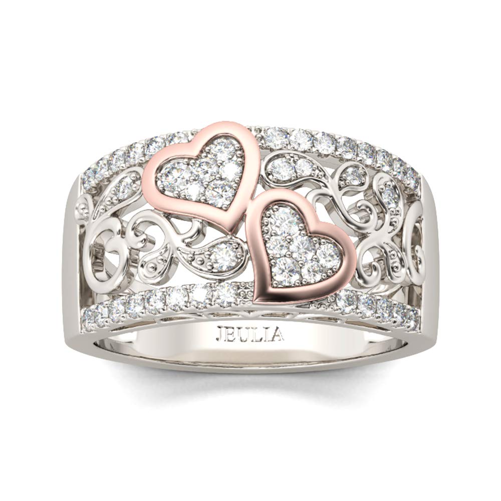 Jeulia 1Carat Rose Gold Plated Wedding Band Thick Round Cut Eternity Band Rings Halo CZ Heart Engagement Promise Rings Anniversary Birthday Festival Romantic Gift with Jewelry Gift Box (9.5)