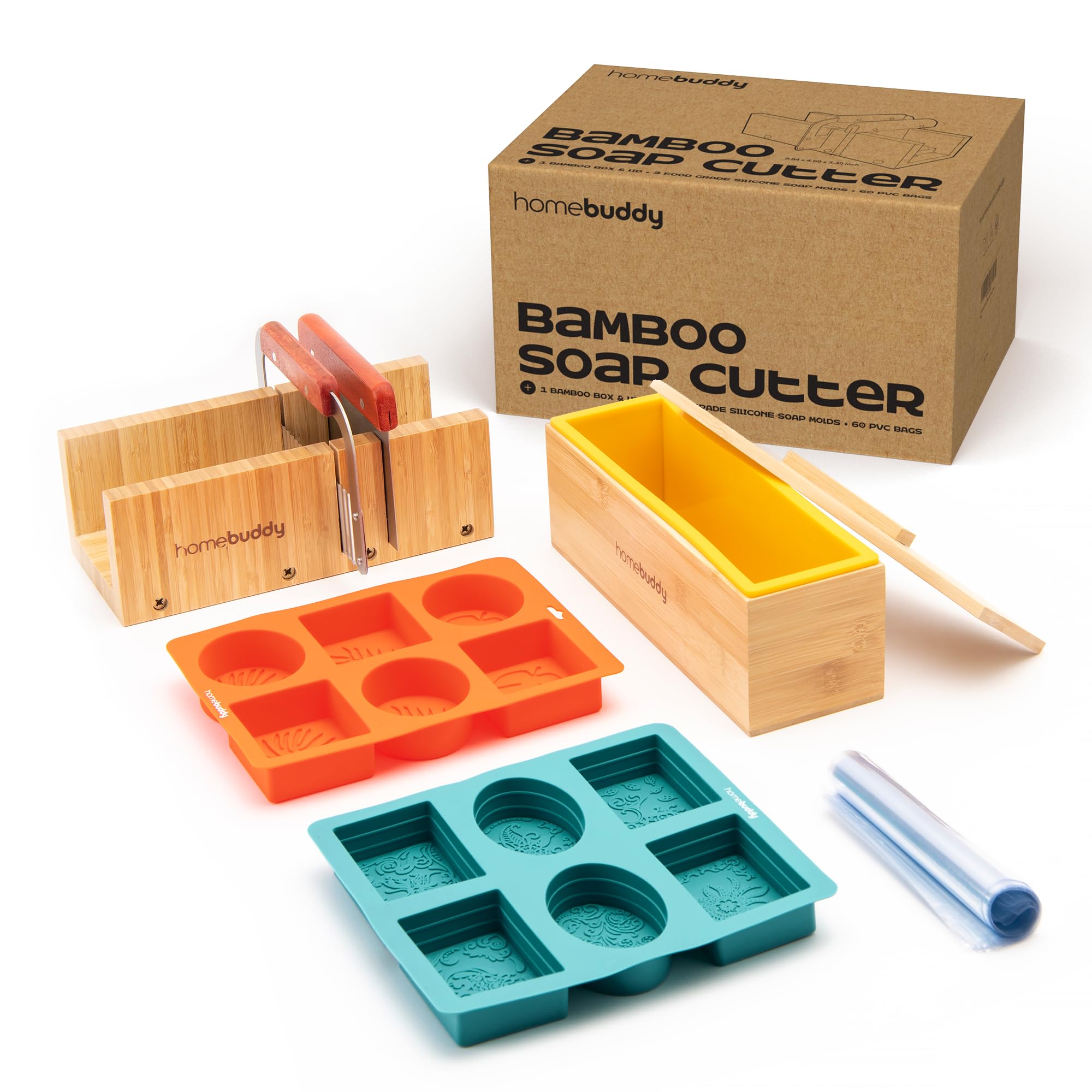 HomeBuddy Soap Molds with Soap Cutter Set - Ultimate Soap Making Supplies, Silicone Mold Making Kit with Bamboo Box and Lid, Adjustable Wooden Soap Mold Cutter - All in One Soap Molds for Soap Making