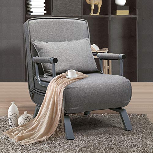 JAXPETY Sofa Bed Folding Arm Chair Single Sleeper Bed Chair, Leisure Recliner Lounge Couch w/Pillow and 5 Position Adjustable Backrest for Home Office, Gray