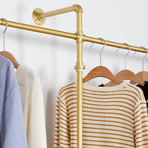 ZGZR Wall Mounted Industrial Pipe Clothing Garment Racks, Metal Clothing Store Display Stands Clothes Rack Multi-purpose Heavy Duty Hanging Rod for Closet Storage, 134in Gold