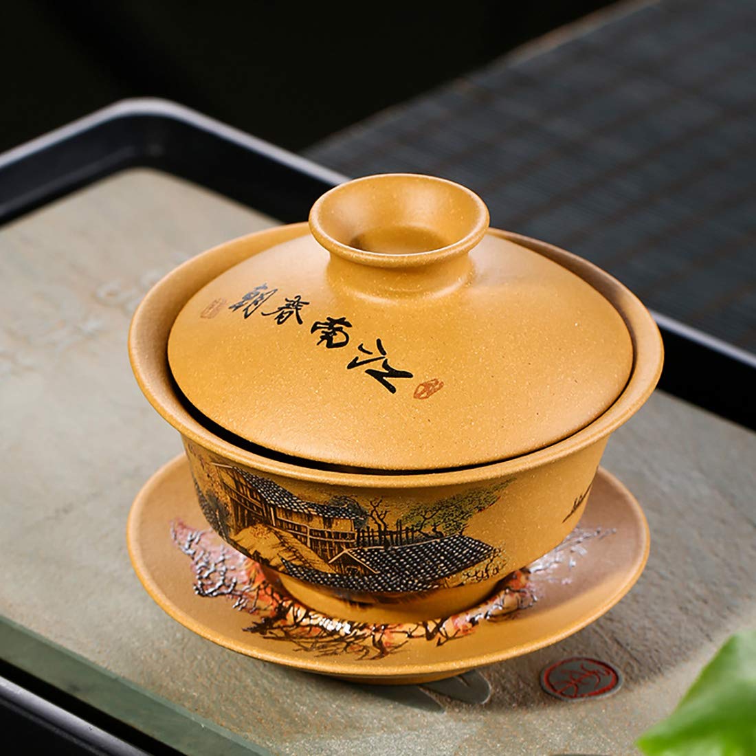 MULHUE Hand-painted yixing tea cup,Chinese Traditional Teaware Zisha Porcelain Gaiwan Kungfu Tea bowl with Lid and Saucer-135ml/4.6oz