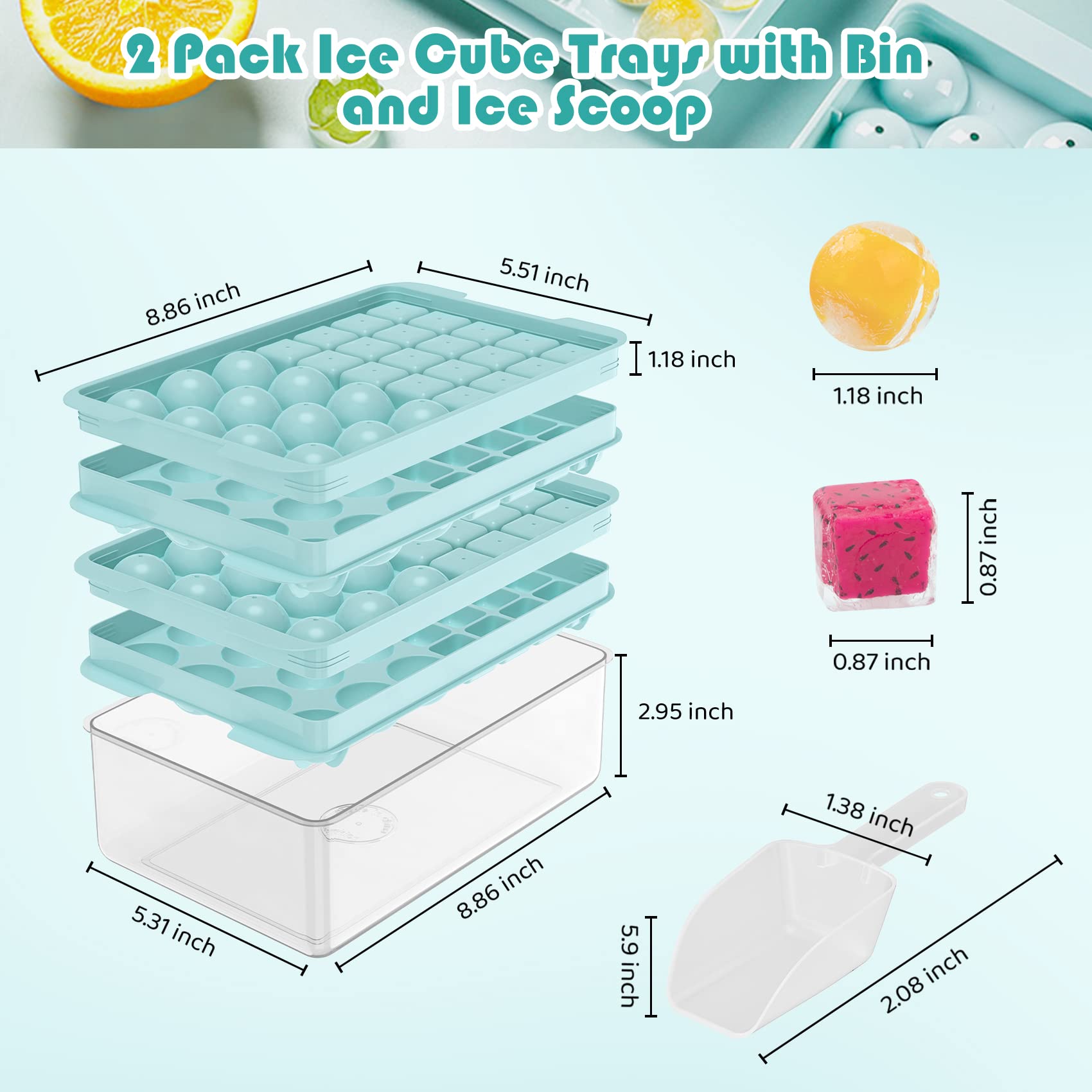 Korlon Ice Trays for Freezer with Lid and Bin, 64 PCS Ice Cube Trays, Round Ice Cube Molds & Square Container for Making Cocktail Whiskey Tea & Coffee