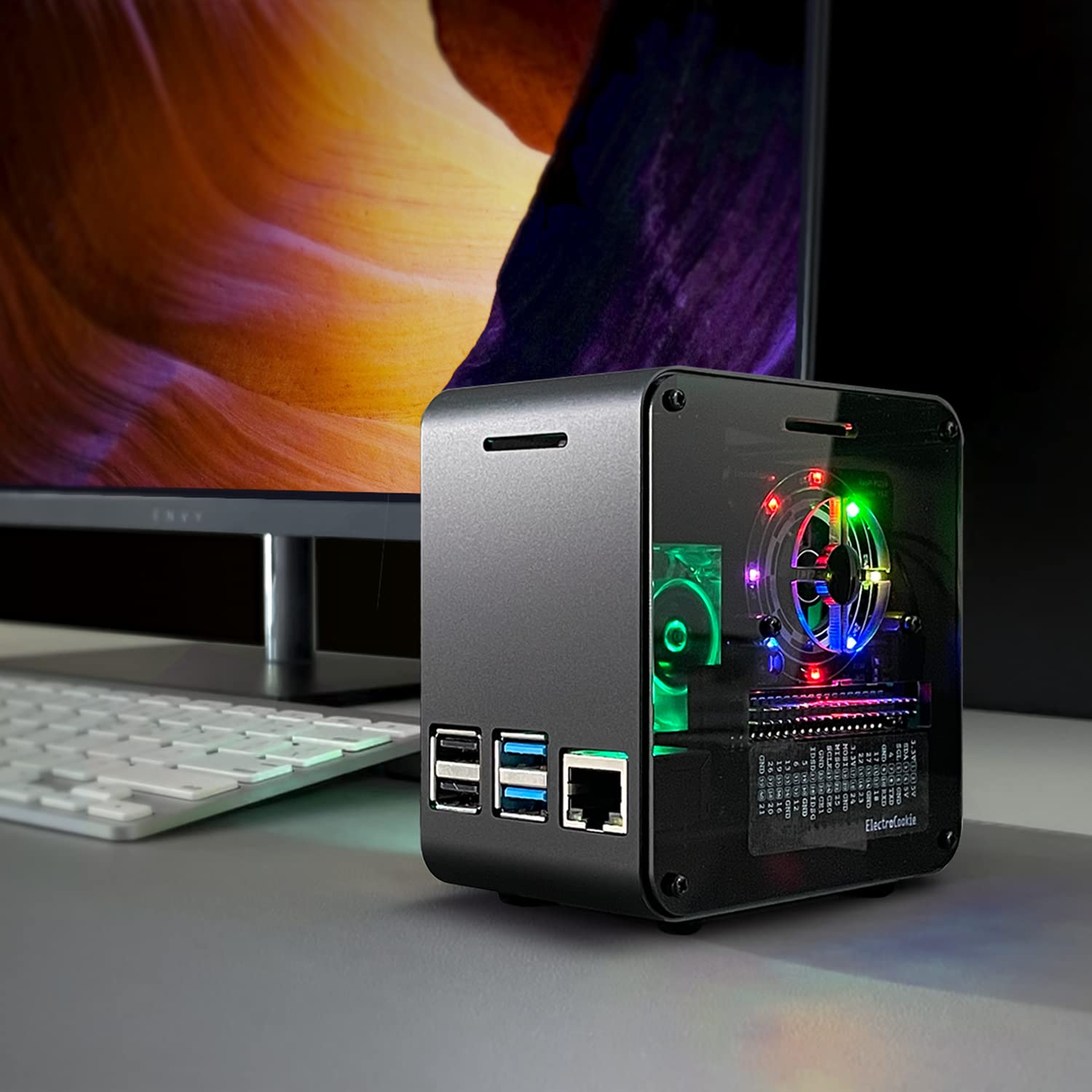 Raspberry Pi 4B (4GB) Board with Mini Tower Aluminum Case, Cooling Fan and Color Changing Ambient Light (Matte Black)