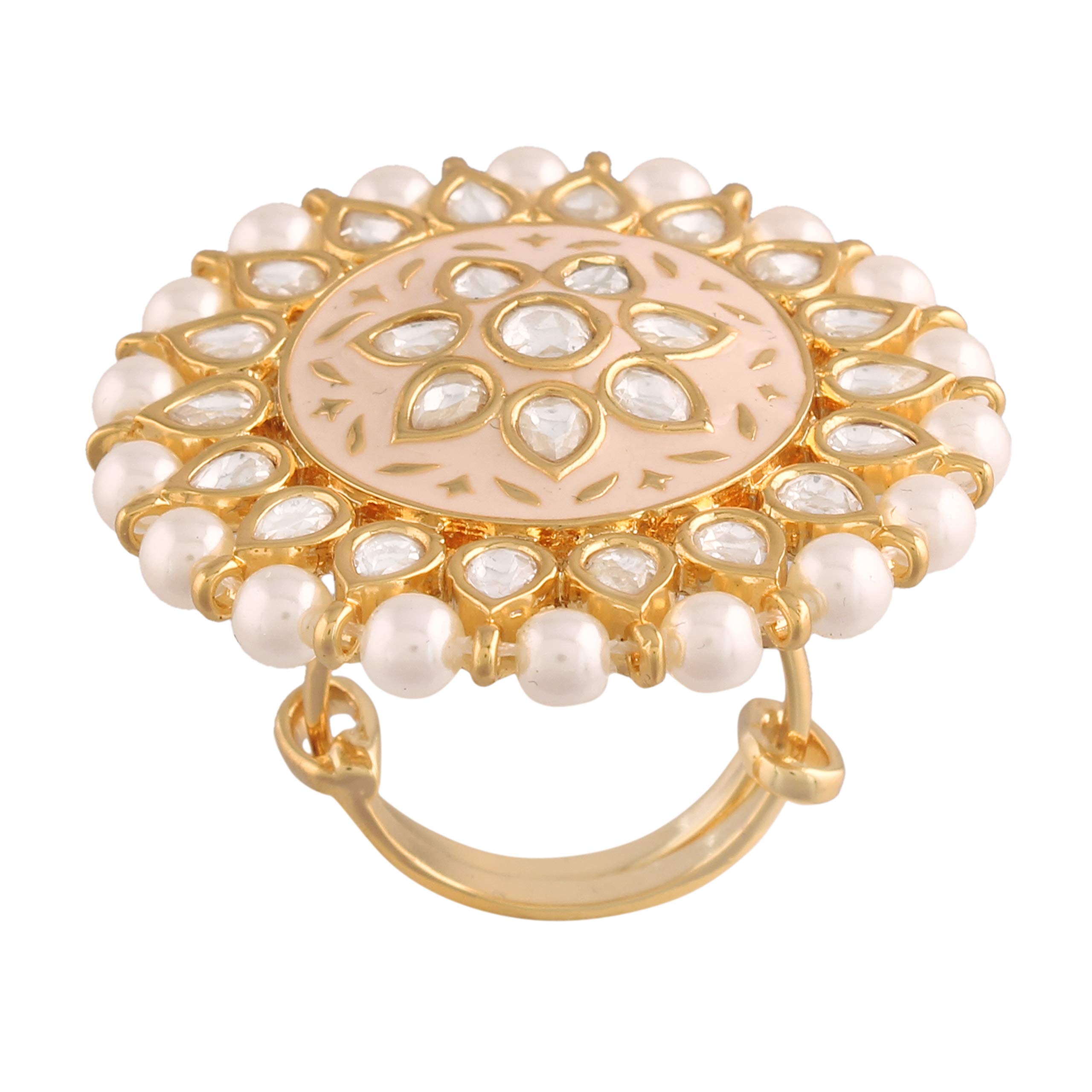 I Jewels Gold Plated Indian Wedding Bollywood Peach Enamel/Meena Work Moti Ring Glided with Uncut Polki Kundans for Women/ (FL166Pe)