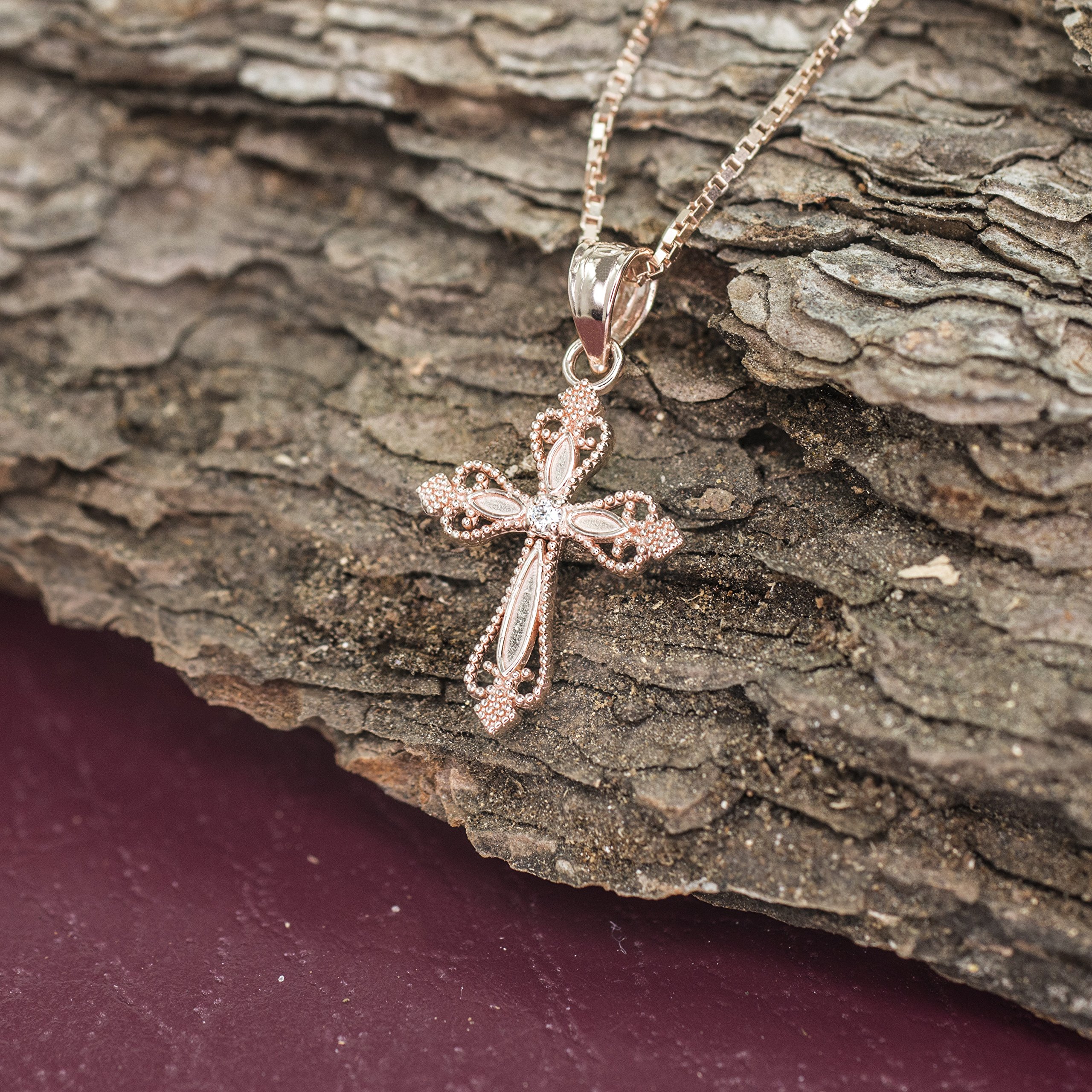 Honolulu Jewelry Company 14K Rose Gold Cross Necklace Pendant with Diamond and 18" Box Chain