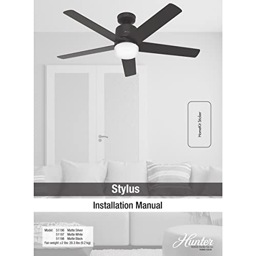 Hunter Fan Company 51197 Stylus Ceiling Fan, 52, Matte White