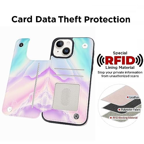 uCOLOR Flip Leather Wallet Case Card Holder Compatible with iPhone 13 6.1 iPhone 14 6.1 Women and Girls with Card Holder Kickstand (Pastel Pink Marble)