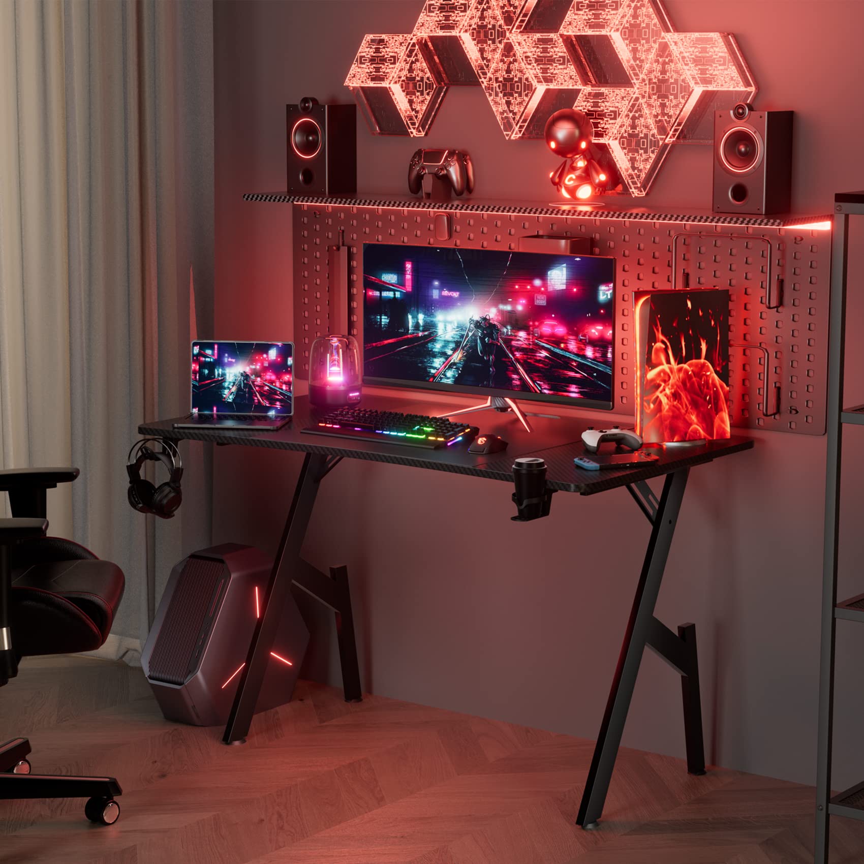 HLDIRECT 55 Inch Gaming Desk with Carbon Fibre Surface Large Computer Desk Gaming Table Ergonomic Pc Gaming Workstation Home Office Desks with Cup Holder & Headphone Hook