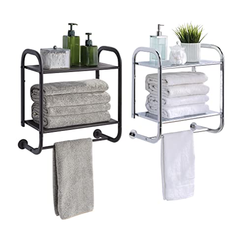 SunnyPoint Compact Wall Mount 2 Tier Bathroom Shelf with Towel Bars (Chrome)