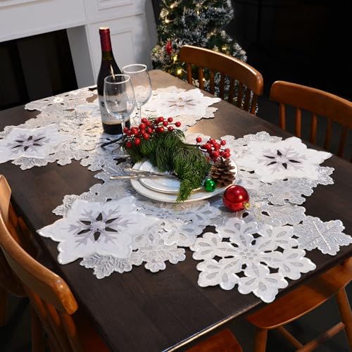 Grelucgo Machine Embroidered and Hand Cut Silver Grey and White Snowflakes Table Runner for Christmas Holiday (13.5 x 34 inches)
