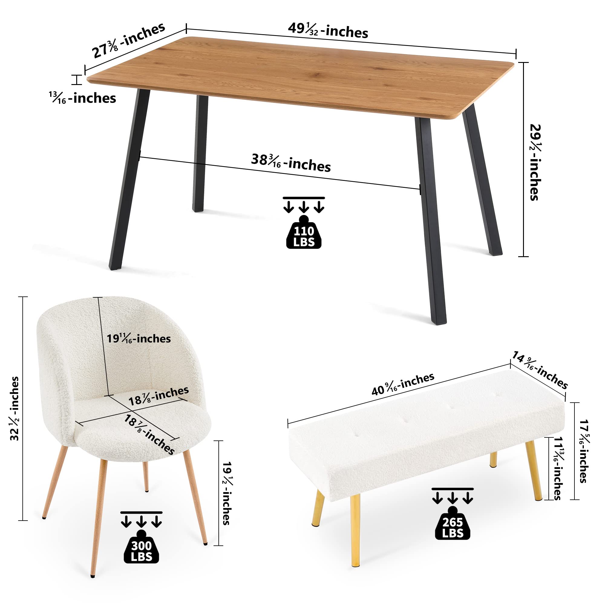 Homedot 4 Pieces Dining Room Set for 4, Modern Engineered Wood Table Rectangular with Upholstered Arm Chair Ergomic Design and Elegant Velvet Bench for Home,Kitchen,Dining, Sturdy Metal Legs Design