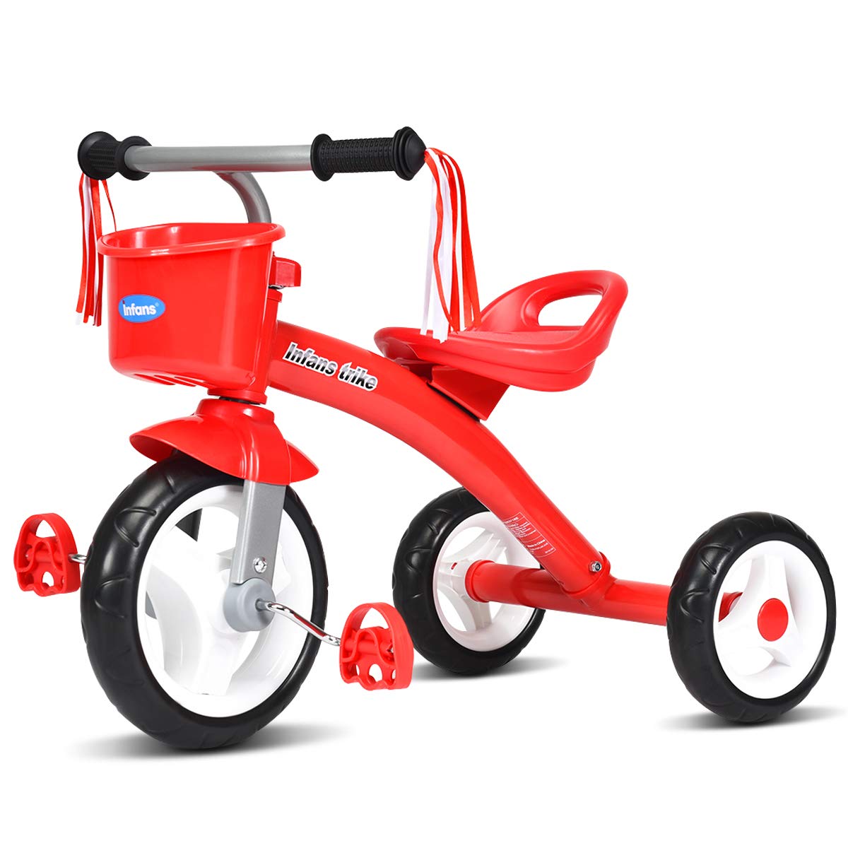INFANS Kids Tricycle Rider with Adjustable Seat, Storage Basket, Premium Quiet Wheels, Non-Slip Handle (Red)