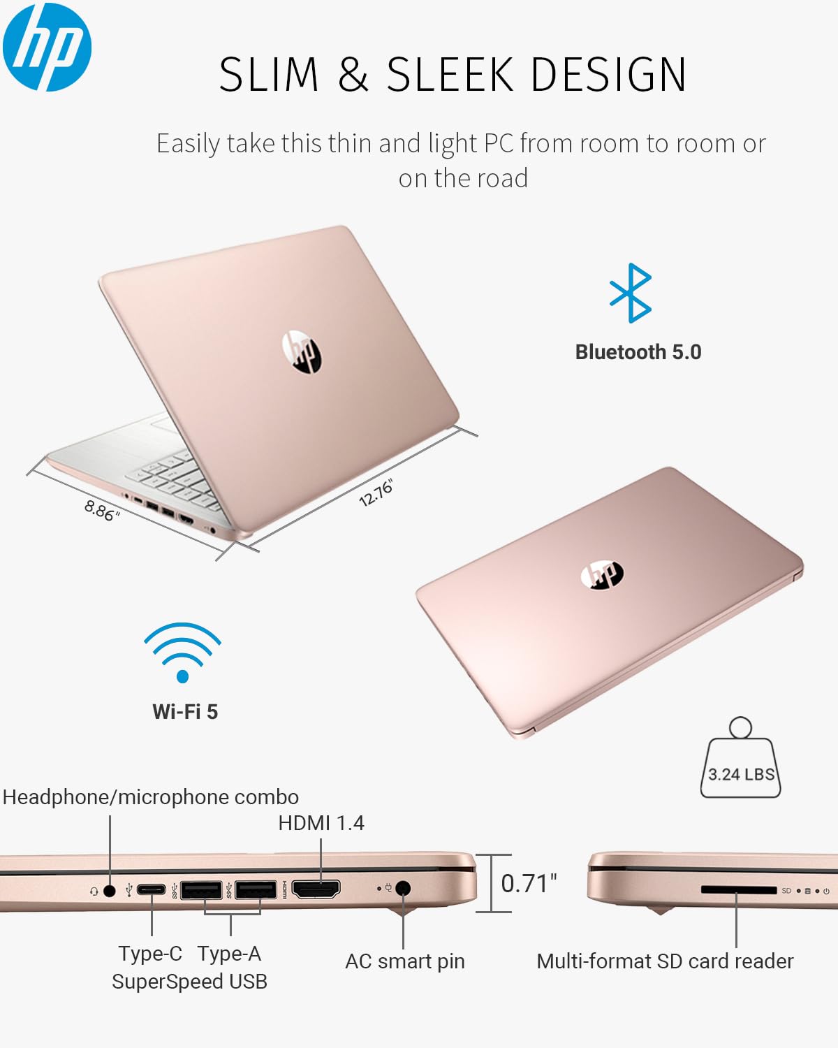 HP Newest Laptop Computer, 14β HD Light PC, Intel Quad-Core Celeron N4120, 8GB DDR4 RAM, 192GB Storage, 1-Year Office 365, Windows 11, Long Battery Life, Webcam, USB-C, Wi-Fi 5, HDMI, Rose Gold, PCM