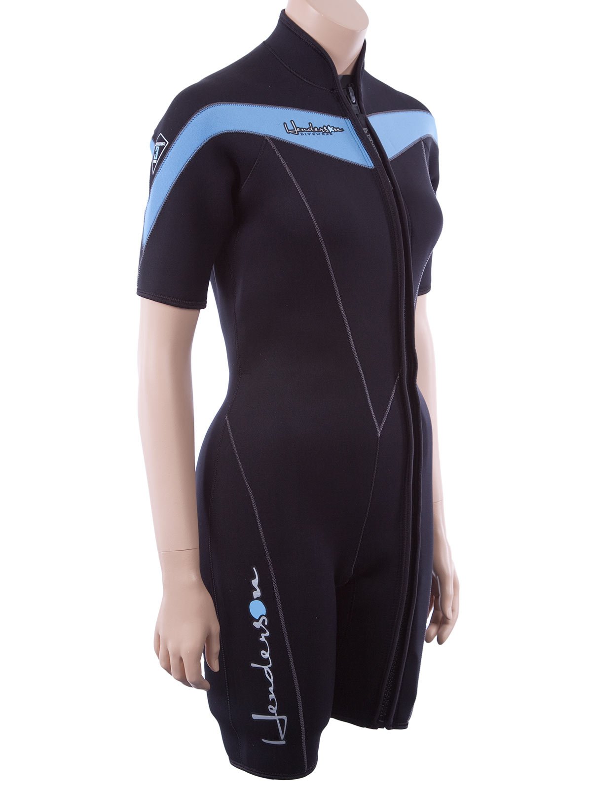 Henderson Thermoprene 3mm Womens Front Zip Wetsuit 10 Petite Black/Sky Blue