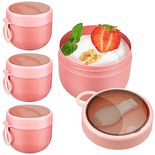 Sunnyray Overnight Oats Container with Lids and Spoons 21 oz Plastic Portable Leak Proof Large Capacity Dessert Cups Cereal Yogurt Container for School student Breakfast (Pink)