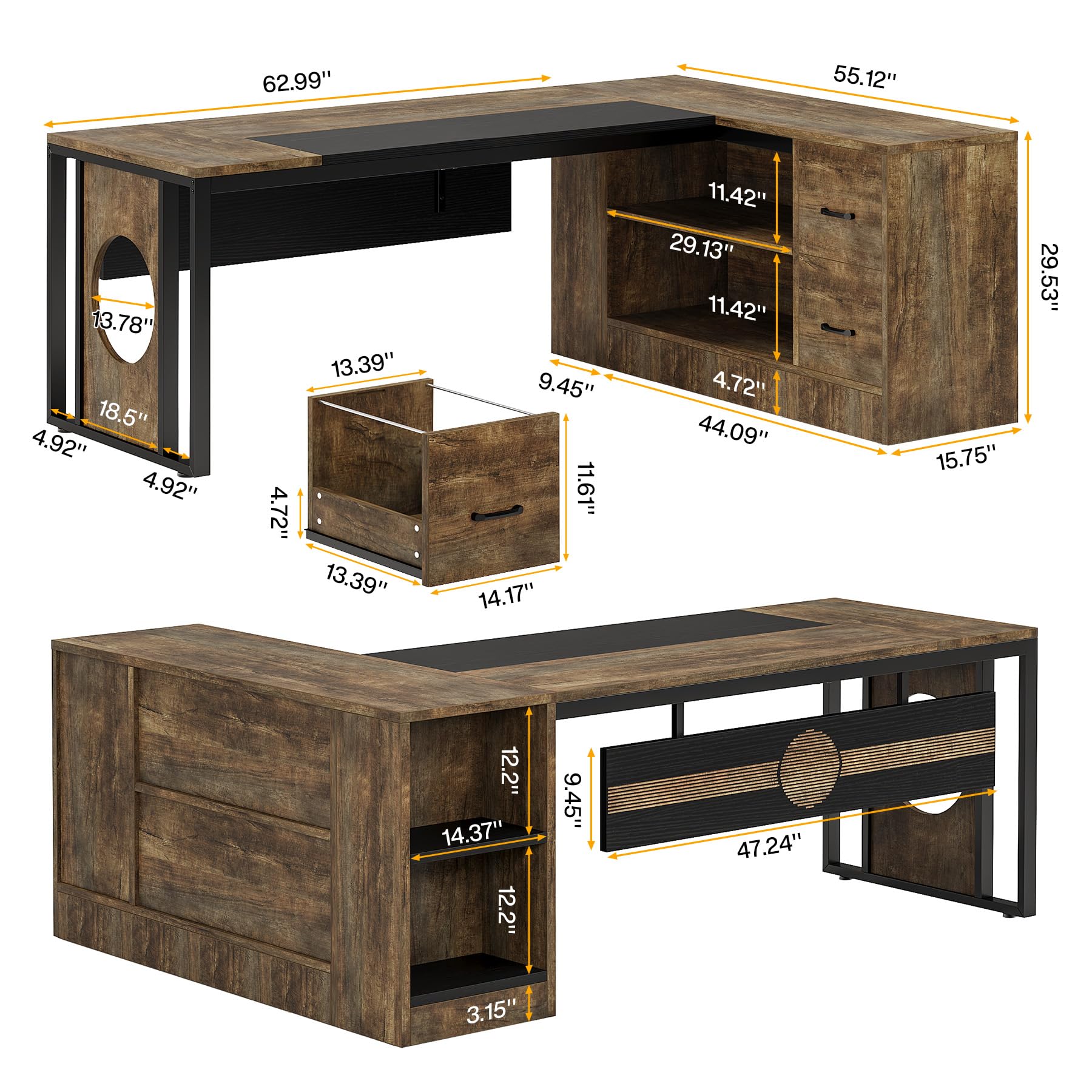 Tribesings L Shaped Desk with 55-Inch Storage Cabinet, Extra Large Executive Office Desk with 2 File Drawer, Open Storage Shelves, Home Office Corner Computer Desk Work Desk, Rustic Brown