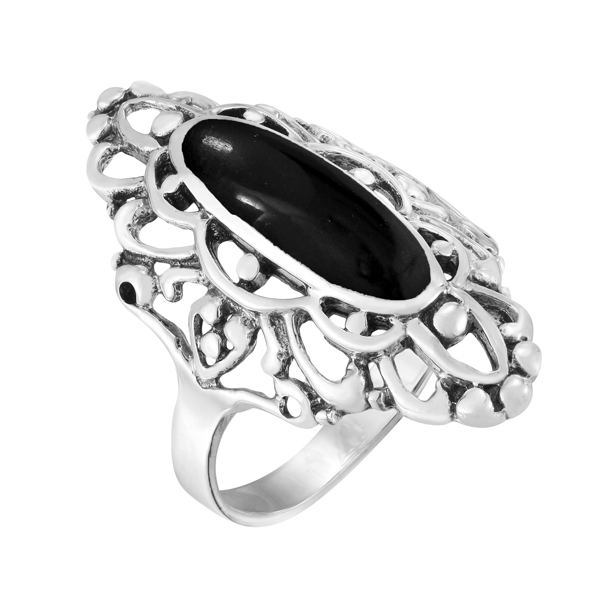 Heart Filigree Oval Simulated Black Onyx .925 Sterling Silver Ring (10)