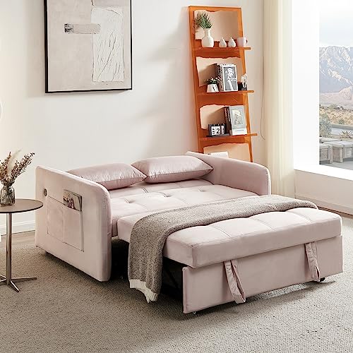 Sofa Couch w/Pull Out Sleeper Bed, 55.5β Pink Velvet Upholstery Convertible Loveseat Twin Sofabed with Two Arm Pockets, 3-angle Adjustable Backrest Sofa, Build-in 2 USB Charger Ports for Living Room