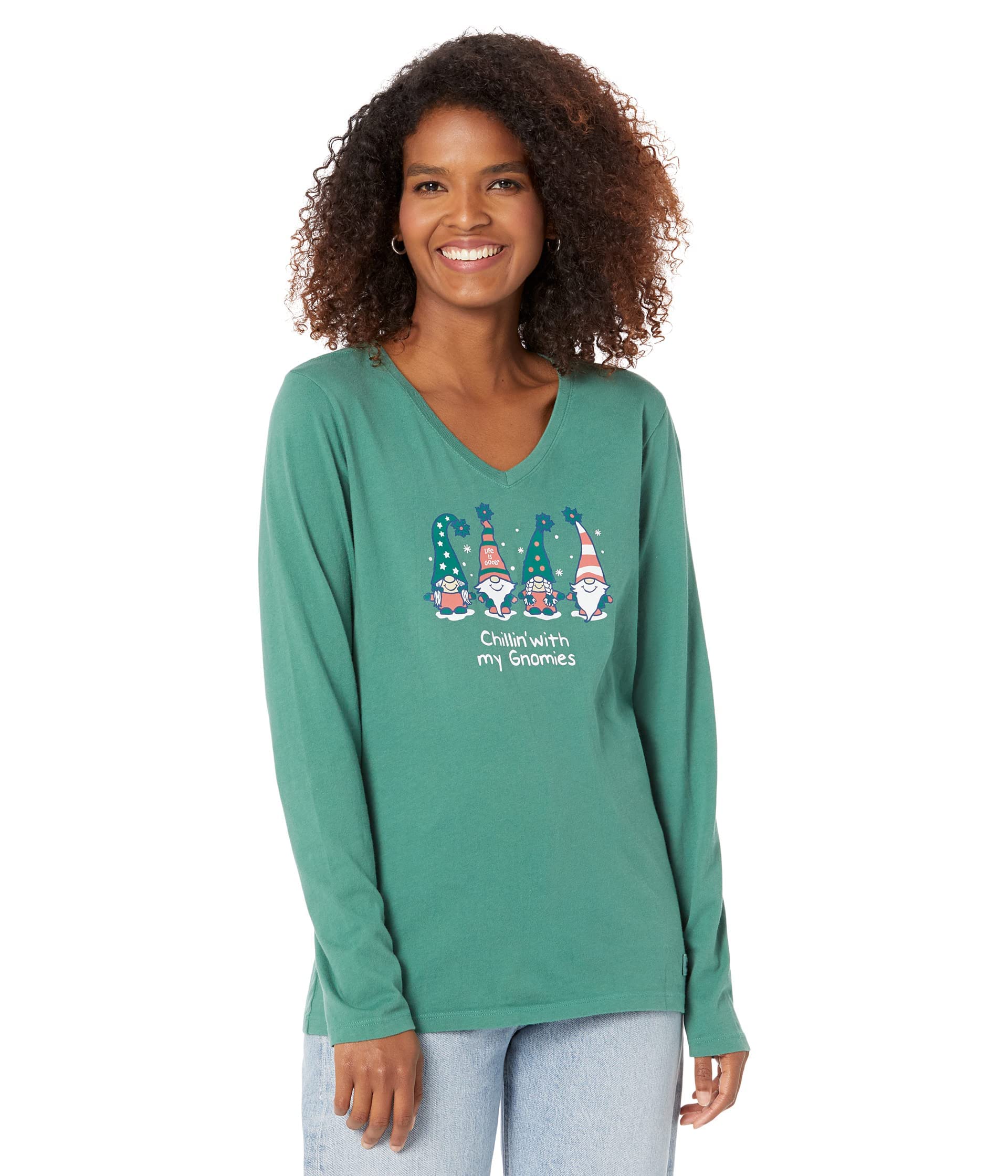 Life is Good Women's Long Sleeve Crusher Vee (Snowman Landscape - Smoky Blue, X-Large)