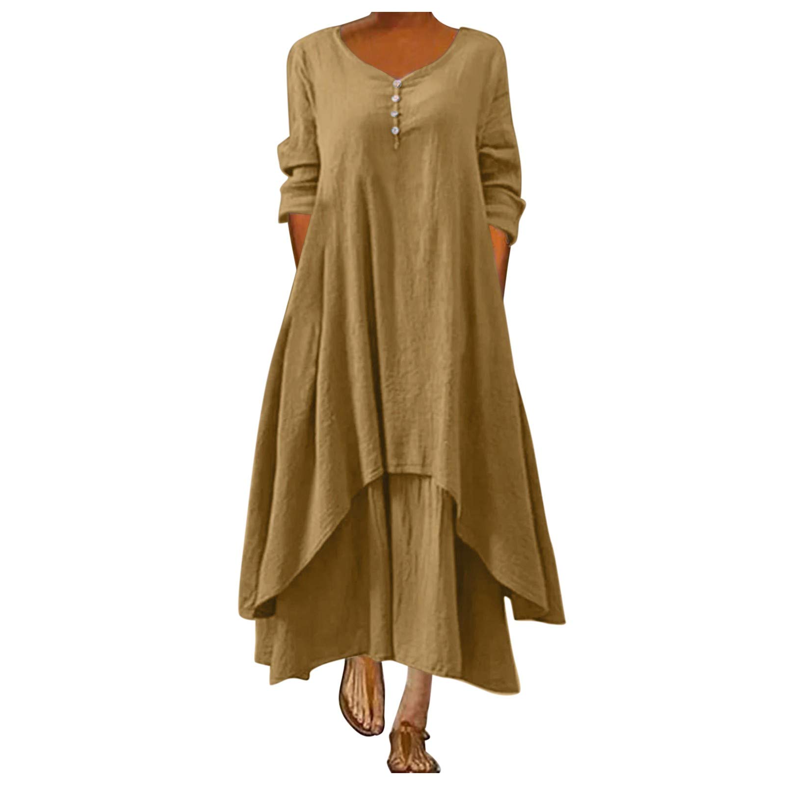 Keepfit Women Button V-Neck Maxi Dress Solid Long Sleeve Irregular Layered Hem Loose Floor Length Dress Yellow