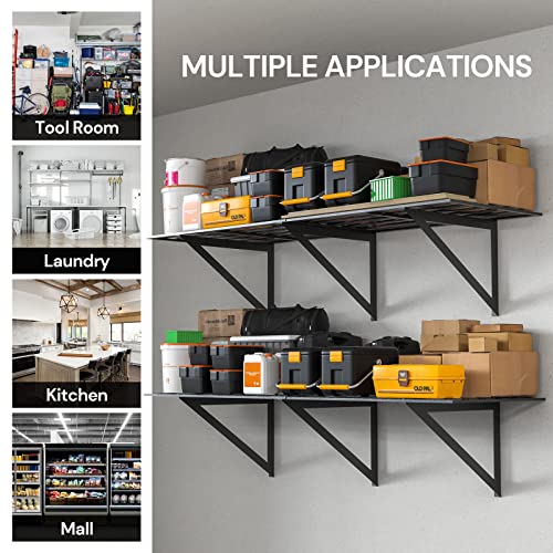 SunsGrove 2-Pack Garage Shelving 2x6ft Heavy Duty Wall Shelf Garage Storage System Shelves, 800 LBS Weight Capacity, Black