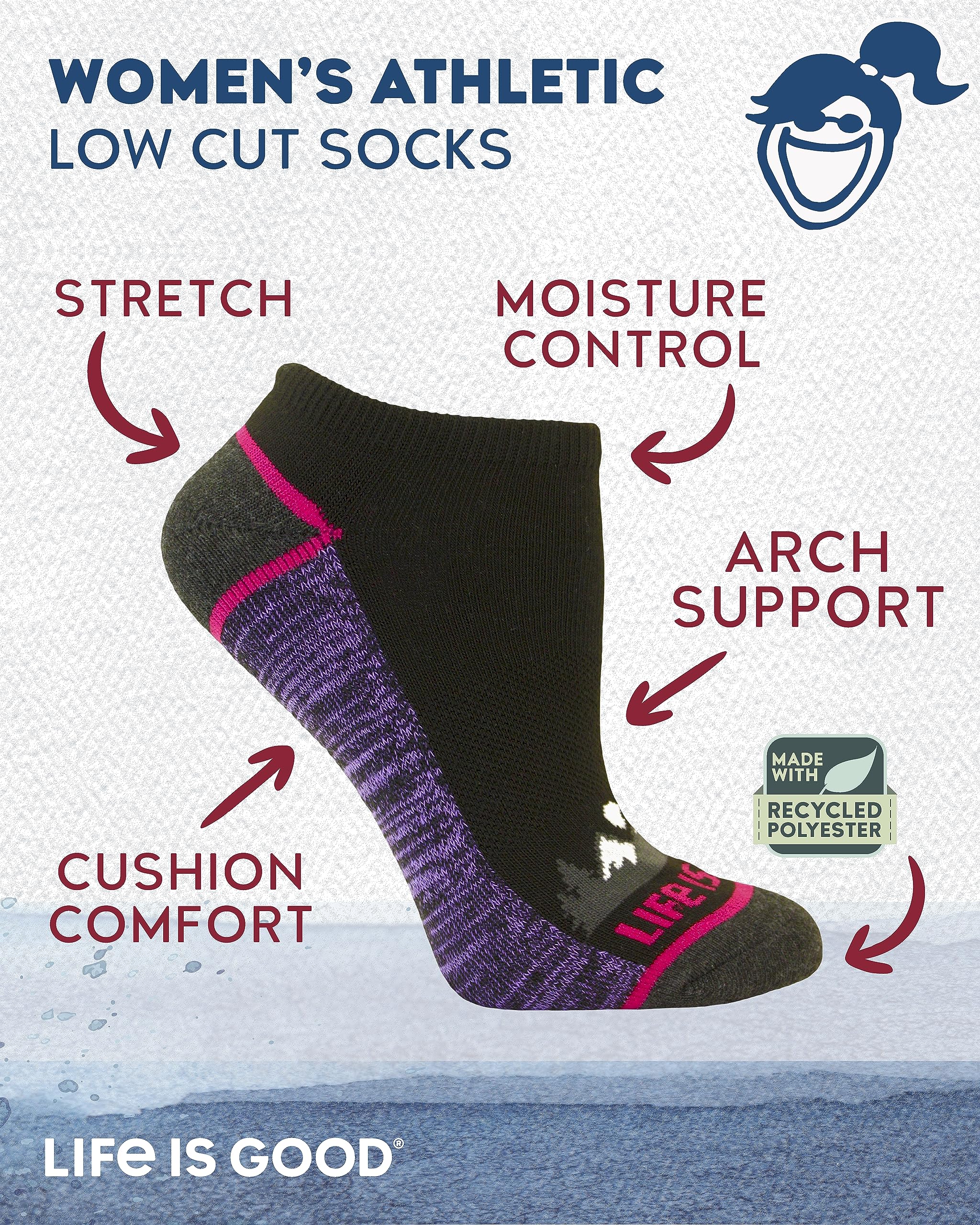 Life is Good Women's Socks - Novelty Low Cut Ankle Socks (6 Pack), Size 4-10, Blue/White
