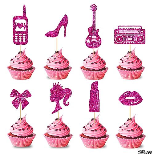Ufocusmi 24 Pack Princess Party Cupcake Toppers, Glitter Pink Girls Theme Party Decorations, Princess Birthday Cake Topper Bachelorette Party Supplies