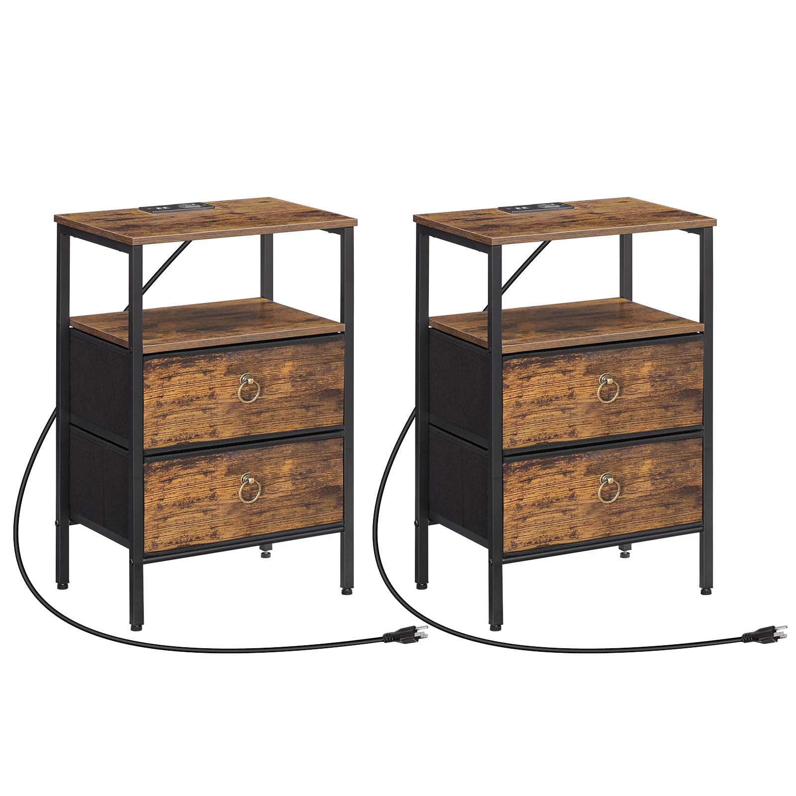 HOOBRO Nightstand with Charging Station, Set of 2, Fabric Drawers, 2-Tier Side Table, End Table with Socket and USB Ports, Bedside Table for Bedroom, Study Room, Rustic Brown and Black BF49UBZP201