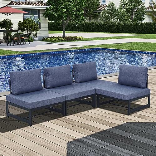 TOME Patio Furniture Set, Outdoor Conversation Sectional Sofa Set with Oak Ottoman, Aluminum Frame and Seat Cushion for Garden Backyard Porch (4pcs Sofa)