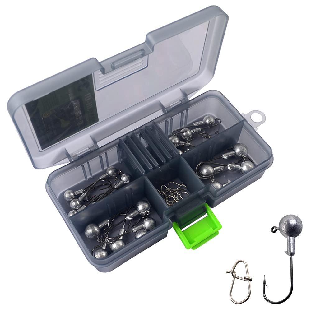 MengK 32 PCS Fishing Hook Ball Head Jig Worm Hook Fishhook for Saltwater Bottom Fishing with Tackle Box