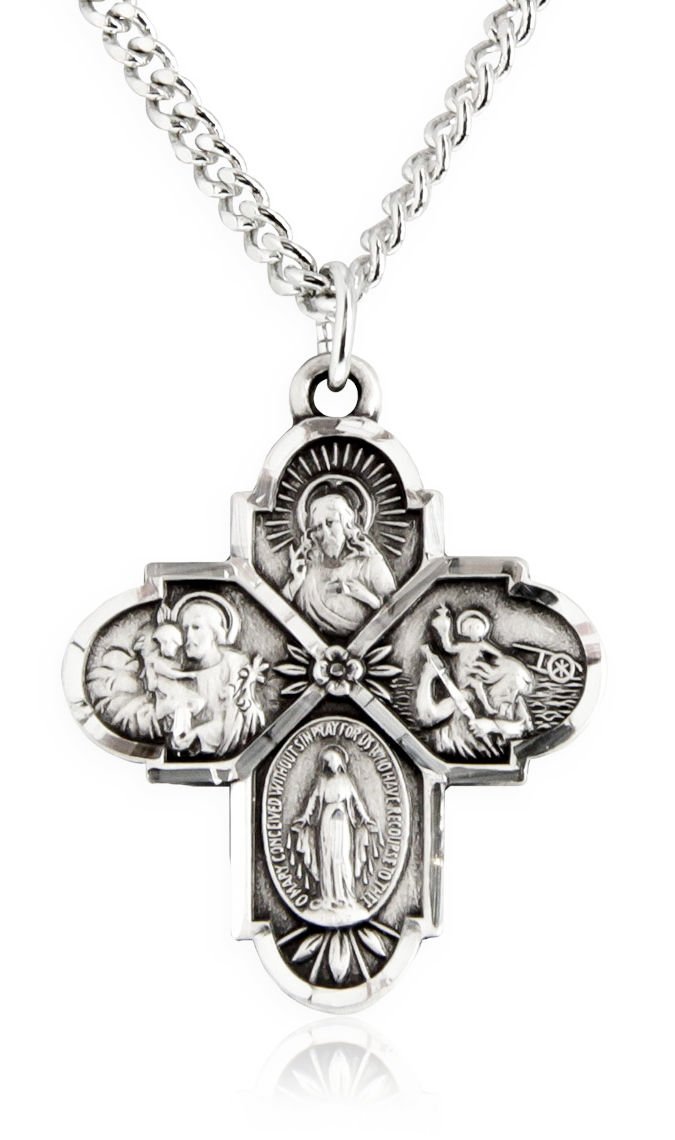 Heartland Store 4 Way Cross .925 Sterling Silver Pendant + 24 Inch Rhodium Plated Chain & Clasp