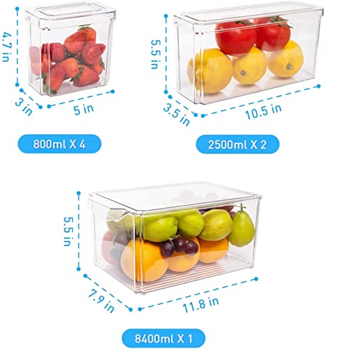 Set Of 7 Clear Fridge Organizer Stackable Refrigerator Organizer Bins with Lids,Pantry Organization and Storage,Apply to Fridge,Fresh Keeper Bin,with Vented Lids & Removable Drain Tray