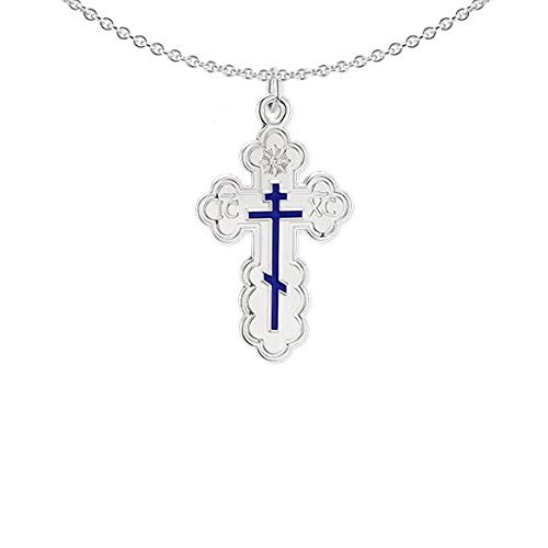 ITI Precious NYC Solid 925 Sterling Silver Russian Orthodox Cross with Blue Enamel (40 x 21 mm) with Sterling Silver Chain (24 in)
