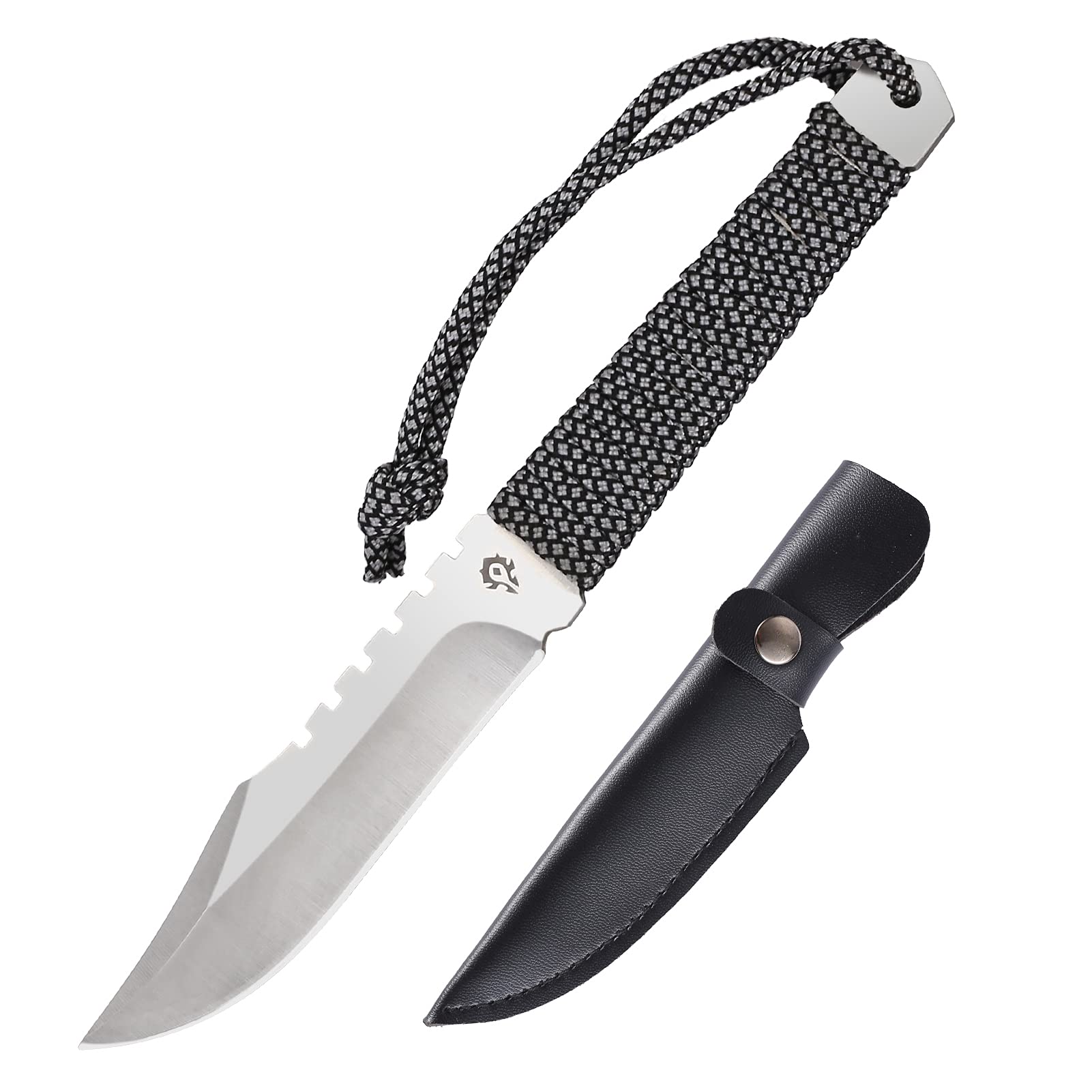 ITZH 8.3 inch Full-Tang Stainless Steel Fixed Knife with Cordage Grip Handle and Leather Sheath for Outdoor, Tactical, Survival and EDC Tactical Hunting Knife. (Silver)