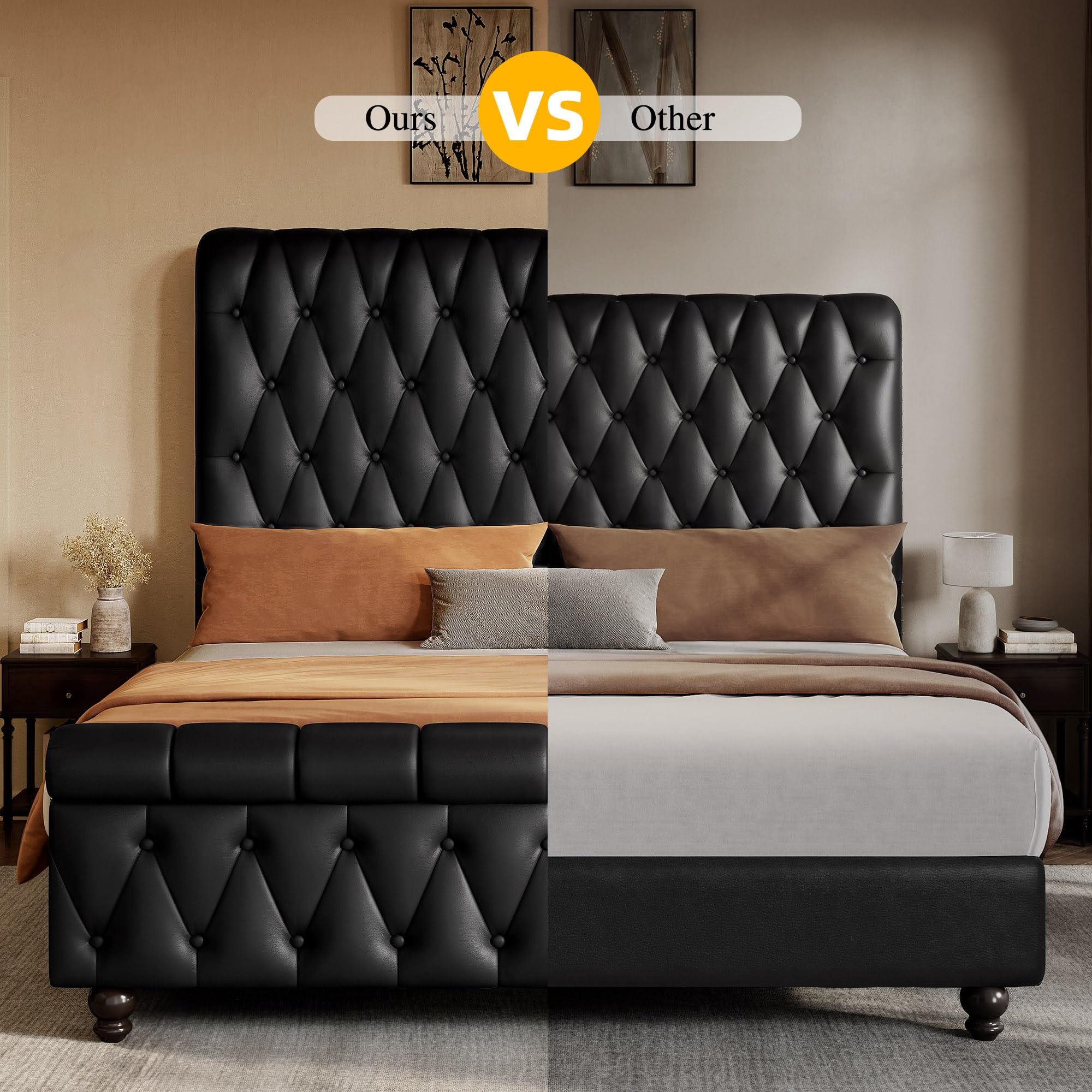 YITAHOME Queen Size Platform Bed Frame with 58" Tall Headboard and Footboard, PU Leather Upholstered Platform Bed with Solid Wood Leg, Button Tufted, No Box Spring Needed, Easy Assembly, Black