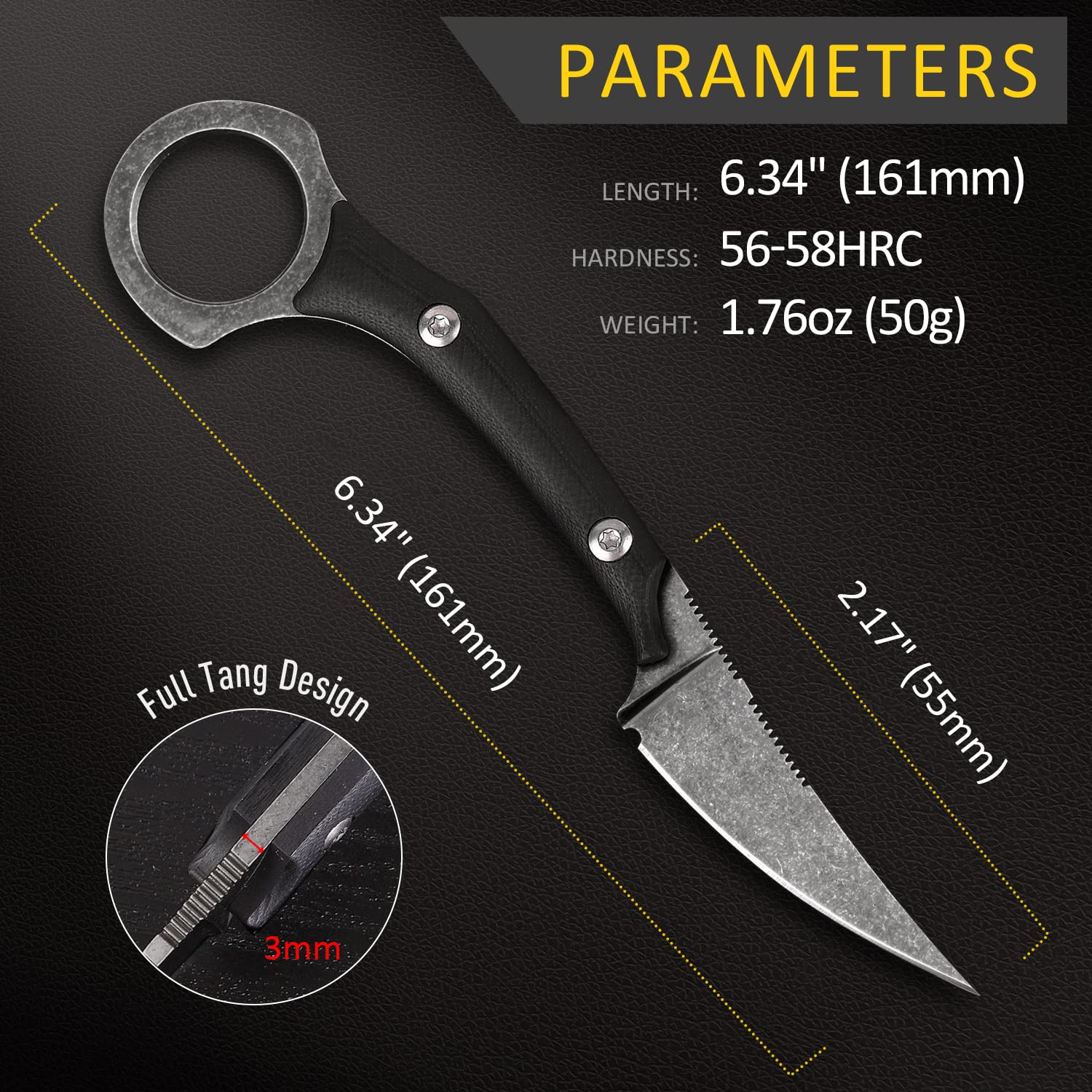 ITOKEY 6.34'' Tactical Knife, Cool Belt Knife, EDC Fixed Knife with Kydex sheath, D2 Blade, G10 Handle, Full Tang Knives for Men, Survival Knifes for Outdoor Camping Hunting