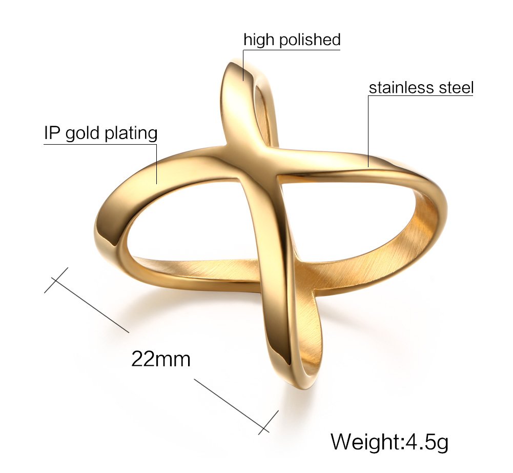 HUANIAN Stainless Steel Criss Cross Ring for Women,Gold,Size 9