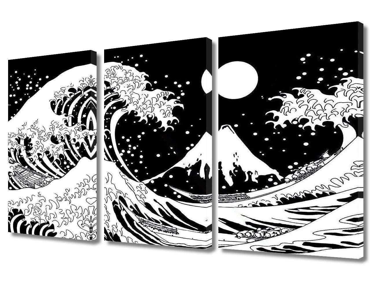 Kanagawa Great Wave Canvas Wall Art Multi Panel Black and White Paintings, Japanese Wave Artwork Home Decor for Living Room Wave with Sun Picture Giclee Framed Stretched Ready to Hang, 36" Wx24 H