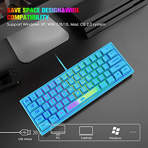 ZIYOU LANG K61 60% Gaming Keyboard Mini Portable with Rainbow RGB Backlit Ergonomic 62Key Layout 19Key Anti-ghosting Mechanical Feel Waterproof USB Wired for PC Mac Windows Gamer Laptop Typists(Blue)