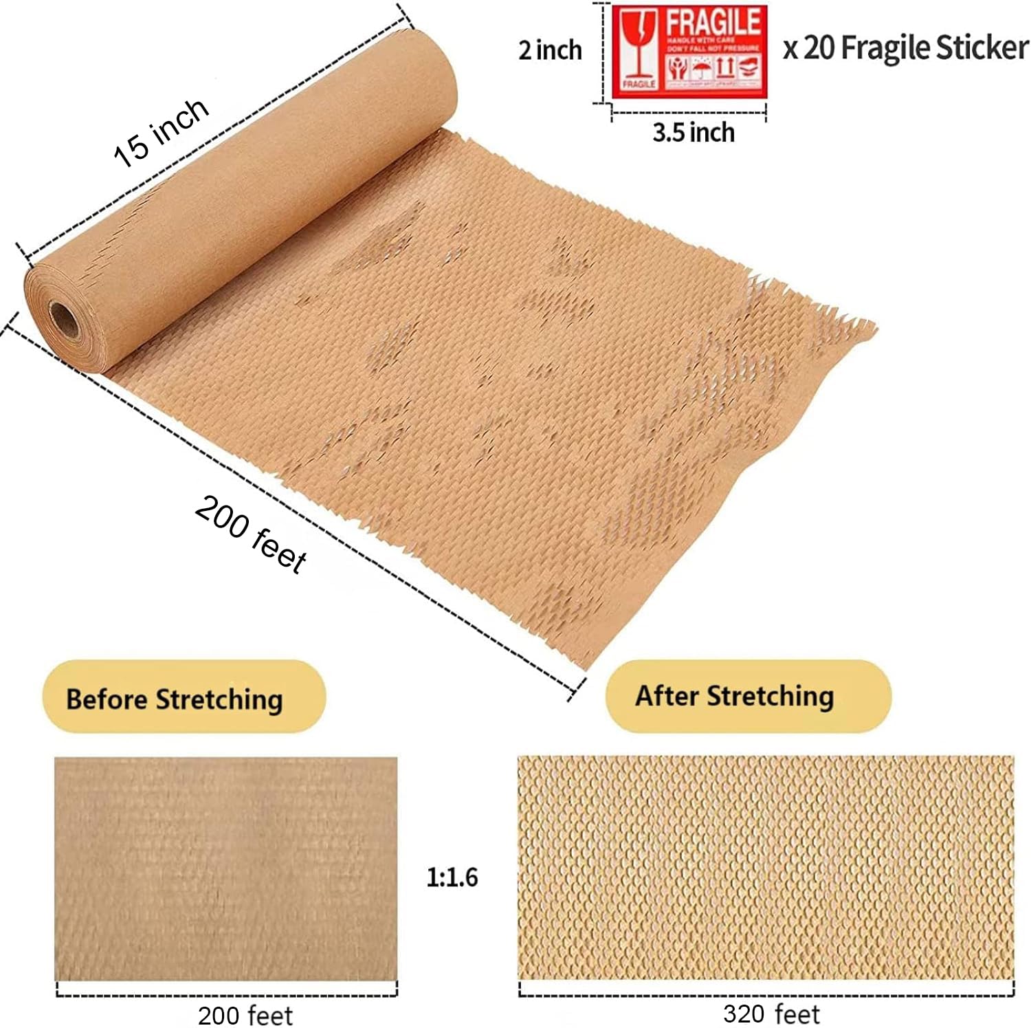 Honeycomb Packing Paper, 15"x200' Honeycomb Cushioning Bubble Wrap Paper Roll for Moving Shipping Breakables Packaging Gifts with 20 Fragile Sticker Biodegradable & Fully Recyclable Brown Kraft
