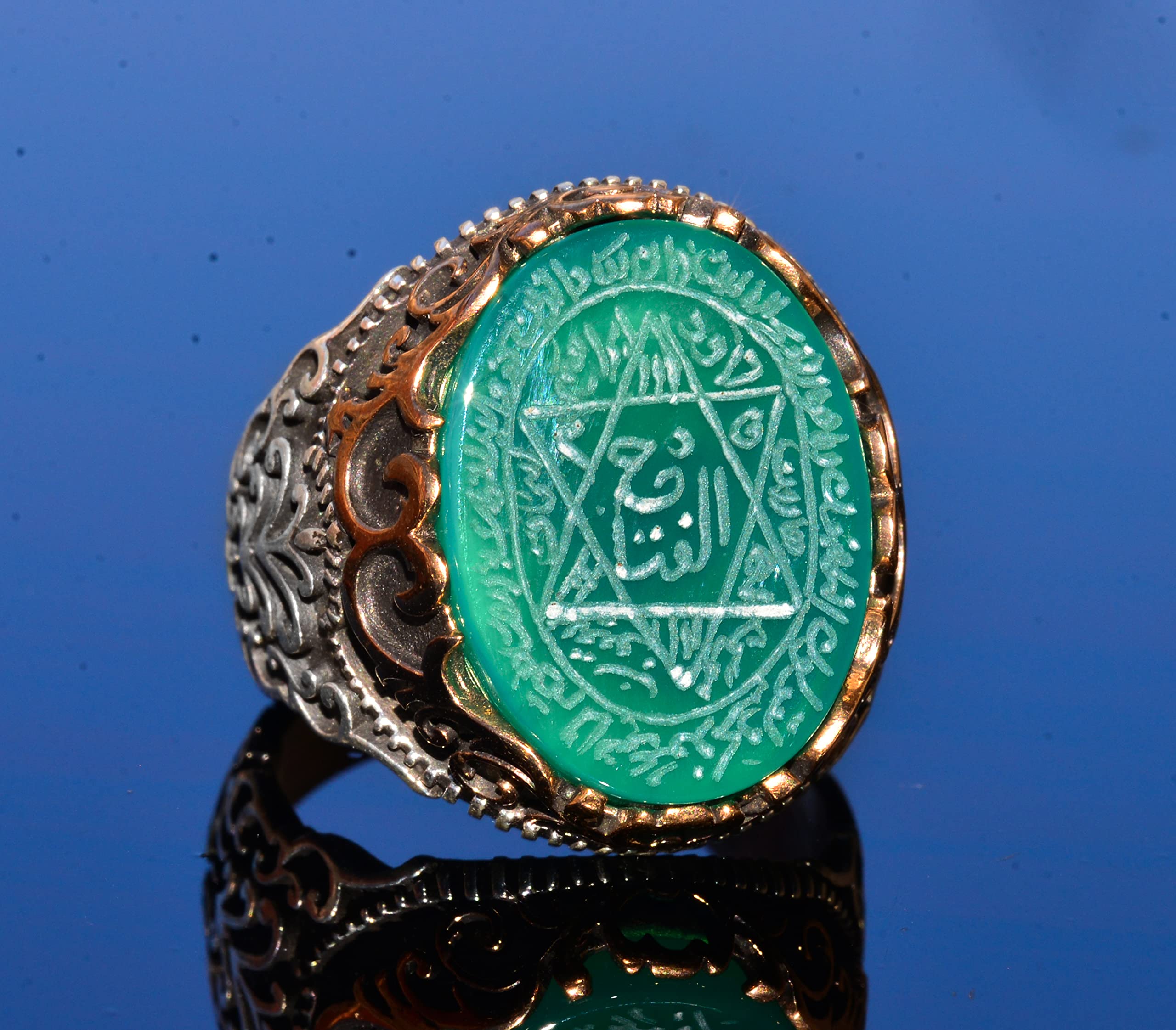 KAMBO Sterling Silver Men's Ring, Natural Black Onyx Gemstone, King Solomon Seal Ring, Unique Handmade Jewelry (Jade)