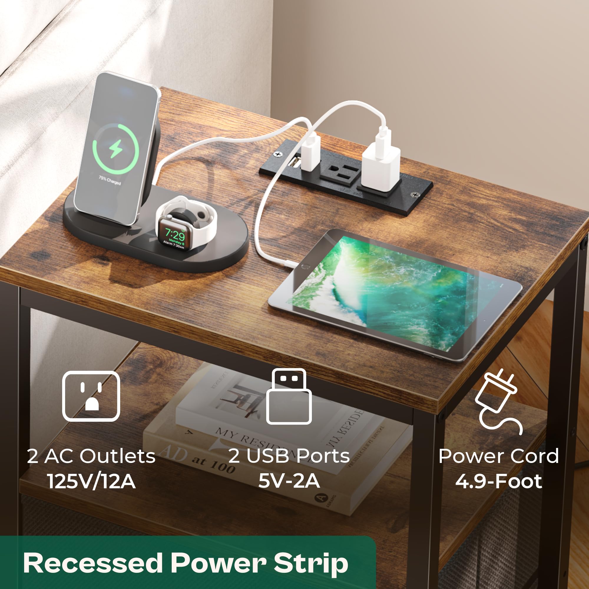 Huuger Nightstands Set of 2, End Tables with Charging Station, Side Tables with Fabric Drawers, Bedside Tables with USB Ports and Outlets, Night Stands for Bedroom, Rustic Brown and Black