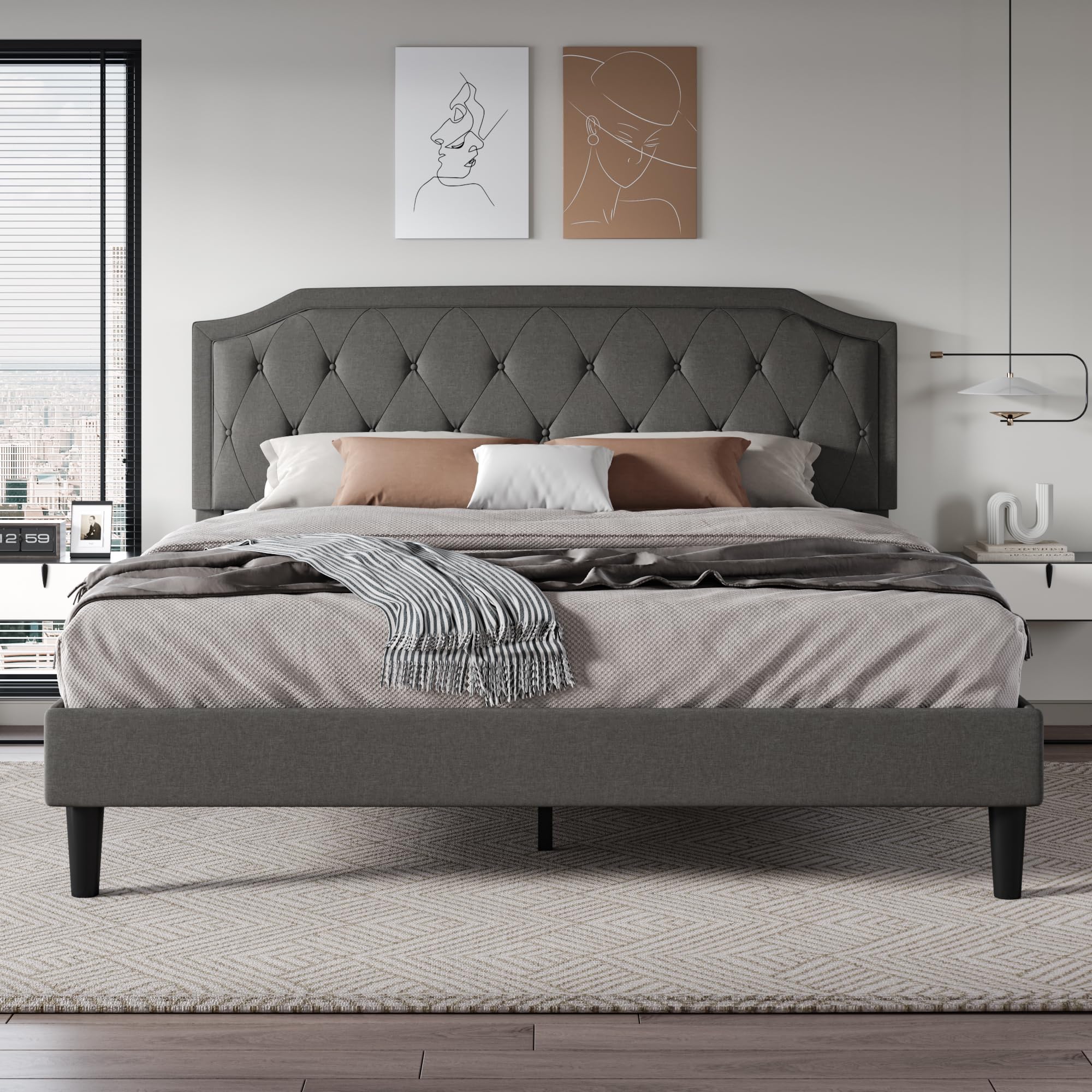 HOOMIC King Size Platform Bed Frame with Adjustable Diamond-Tufted Headboard, Fabric Upholstered, Wooden Slats Support, No Box Spring Needed, Easy Assembly,Dark Grey